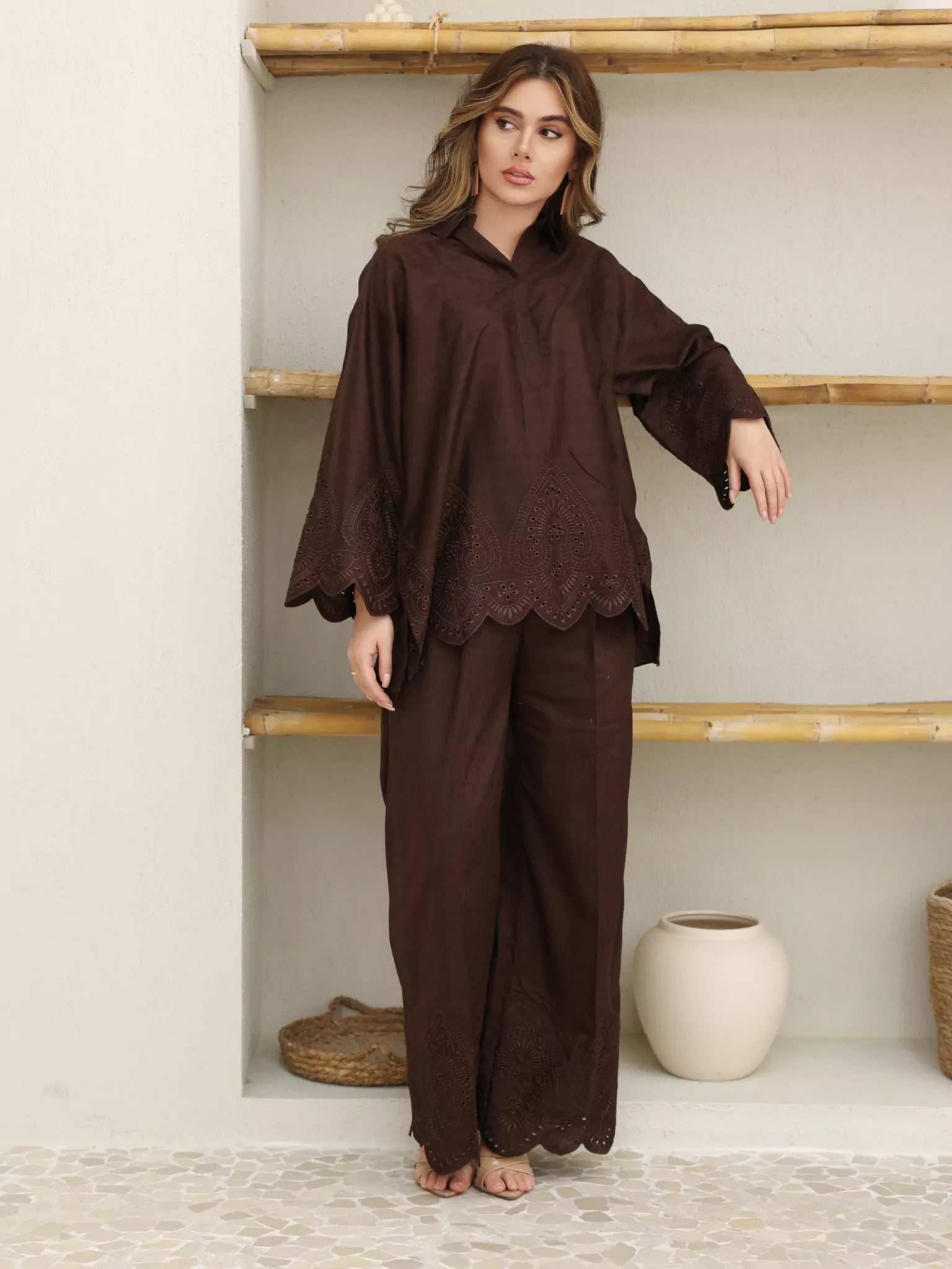 Auburn Brown Cutwork Trouser Pants