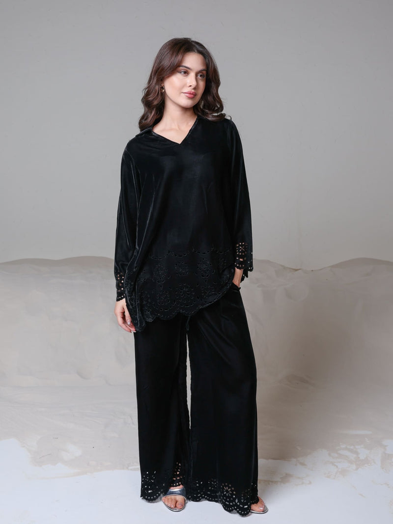 Eloise Black Velvet Cut Work Co Ord Set