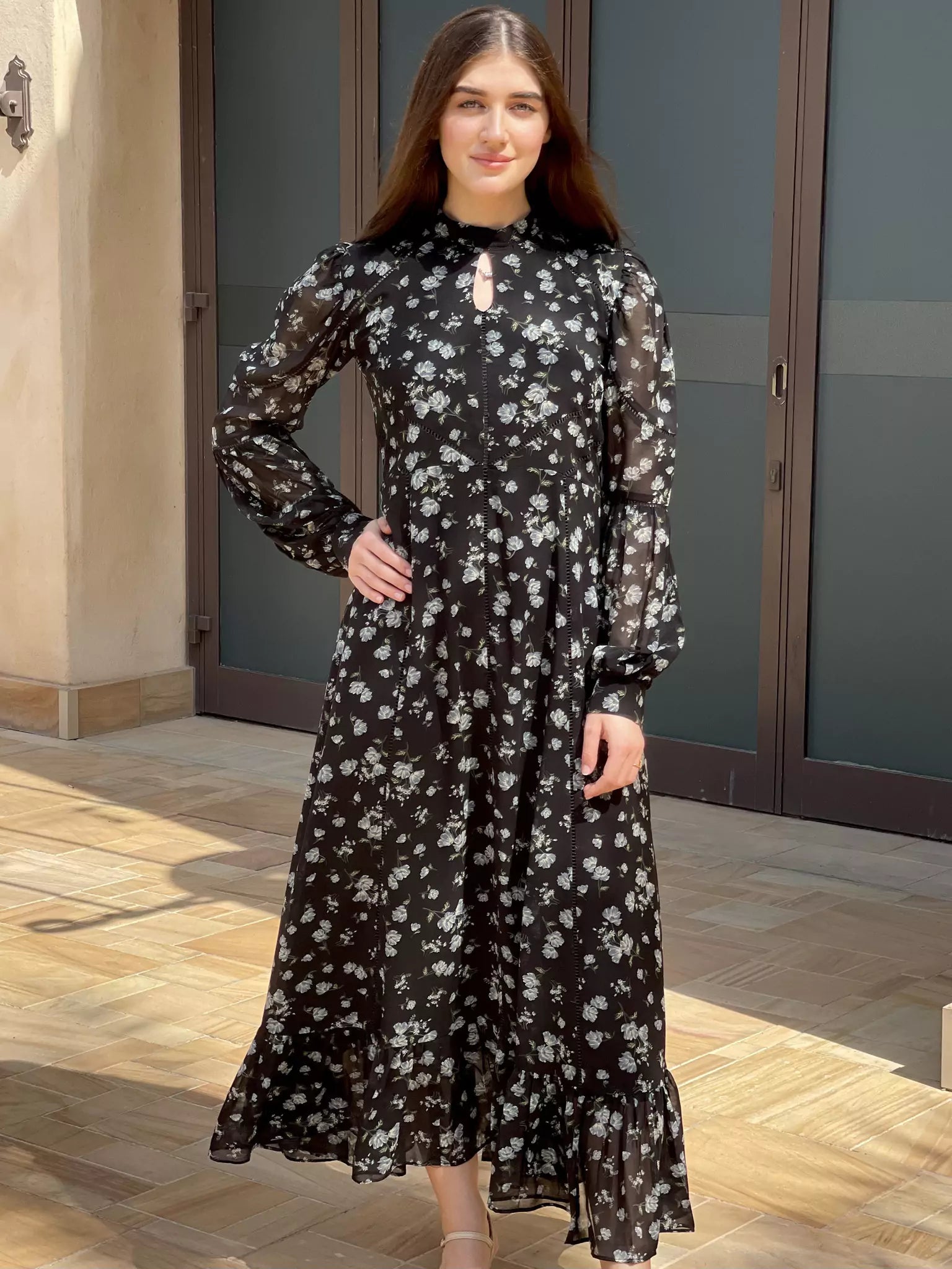 Veliora Black Floral Lacey Long Dress